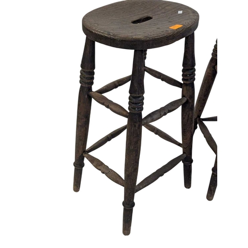 Victorian 19th century solid elm & beech pub / bar stools. On saddle ...
